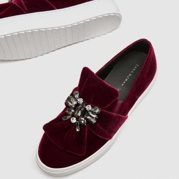 Zara | Shoes | Zara Burgundy Bejeweled Velvet Sneakers | Poshmark